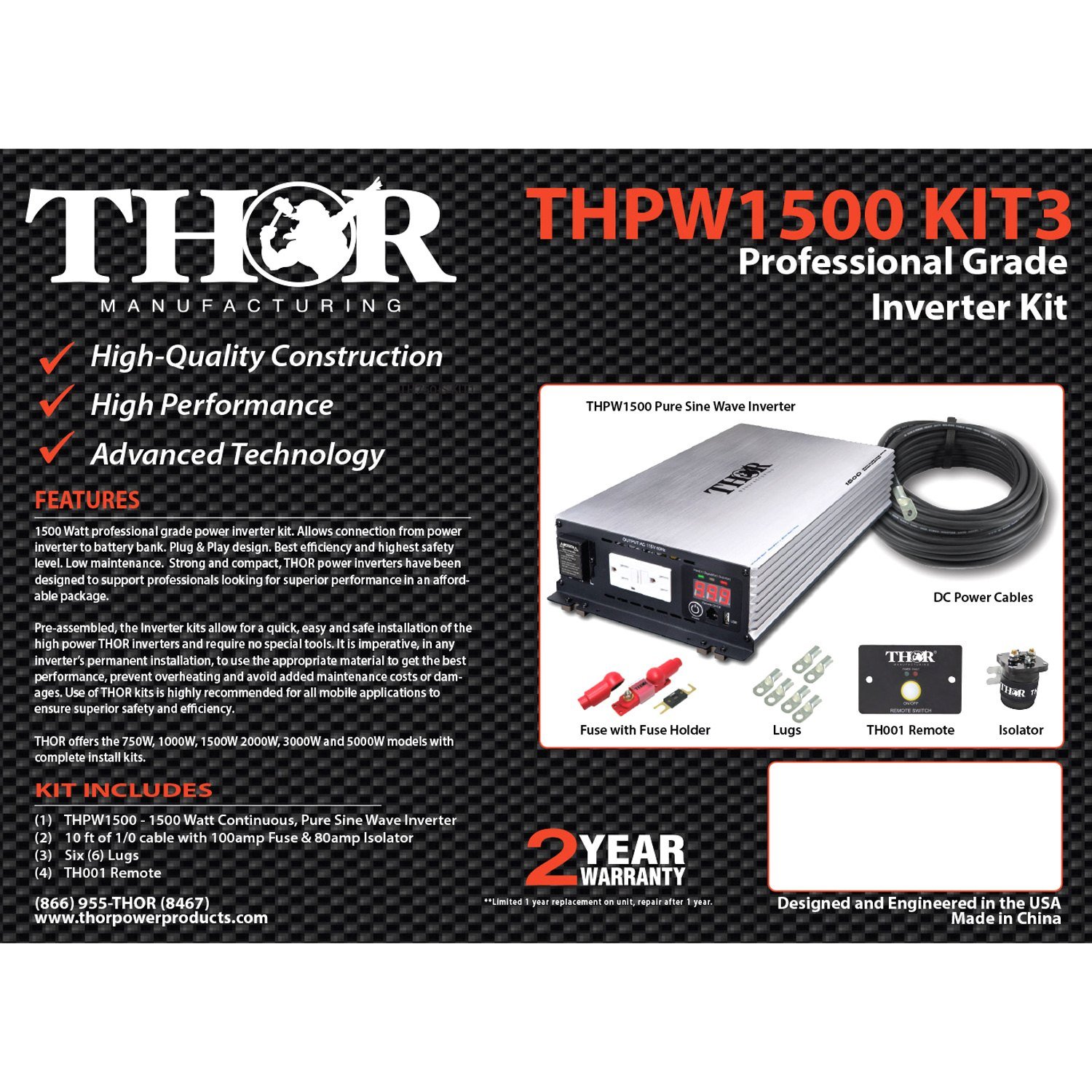 Thor® THPW1500 KIT3 - 1500W Pure Sine Wave Inverter Kit - TRUCKiD.com